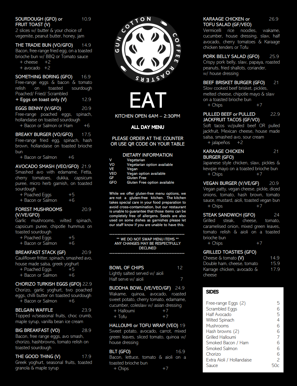 menu – Gun Cotton Coffee